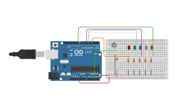 Circuit design photo-diode with 5 led | Tinkercad