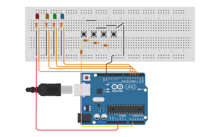 Circuit design 4 pushbutton link for 1 pin - Tinkercad