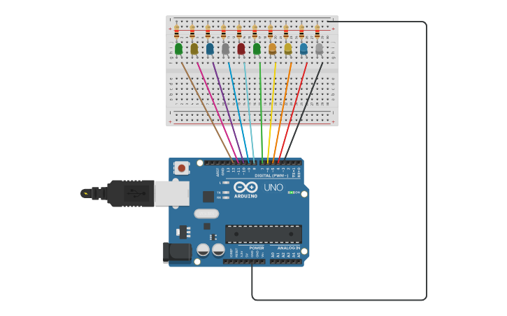 Circuit design MINI PETA 1: ARRAY AND LOOPS - RAZA - 10 ROSARY | Tinkercad