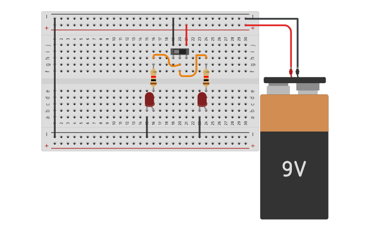 Circuit design Two LEDs switch on and off at the same time - Tinkercad