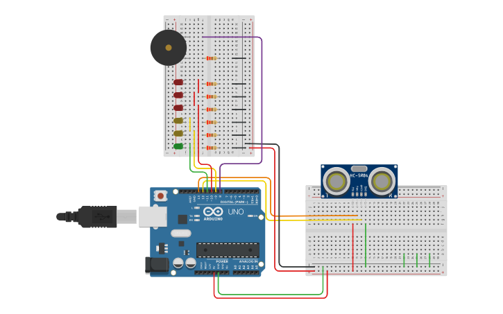Circuit design Sensor Ultrassônico_buzzer_led_Márcio Gomes | Tinkercad