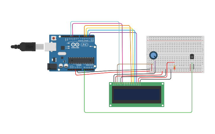 Circuit design Temperature to LCD screen | Tinkercad