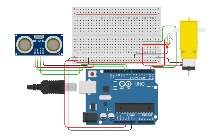 Circuit design Sensor de distancia con motor - Tinkercad