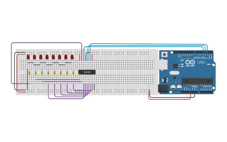 Circuit design 74HC595 Shift Register LED Repeater(using Arduino Uno) - Tinkercad
