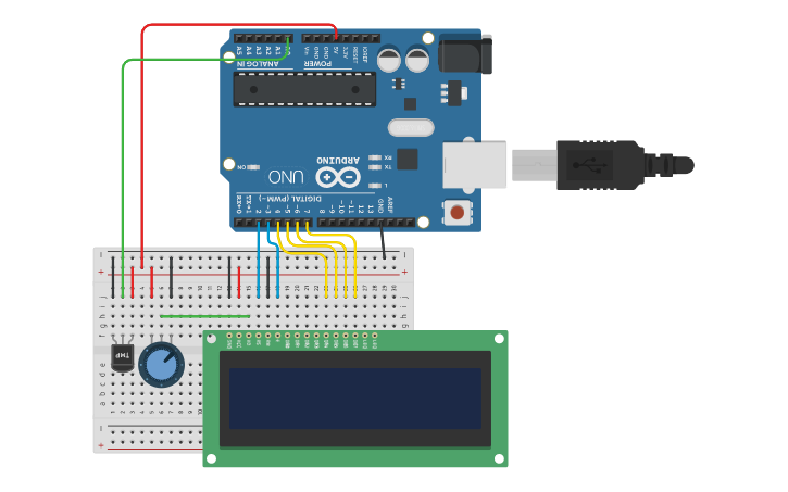 Circuit design LCD and temperature sensor - Tinkercad