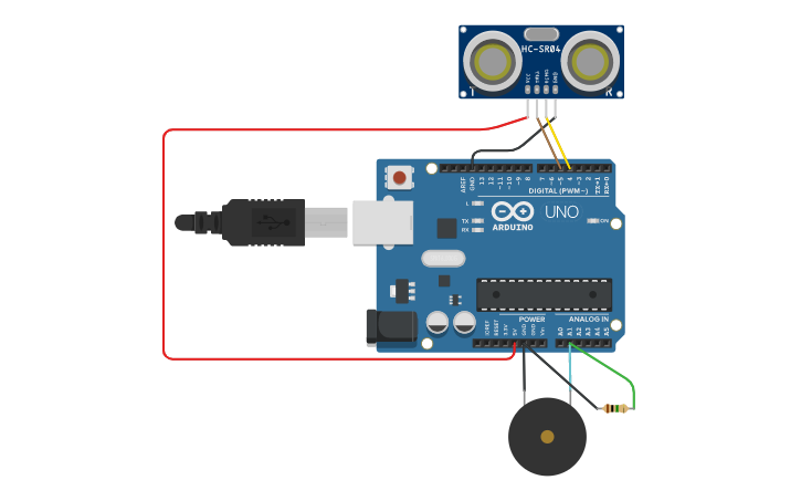 Circuit design Detecting Obstacles and Warning - Tinkercad