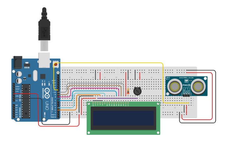Circuit design Ping ultrasonic distance sensor with LCD1602 - Tinkercad