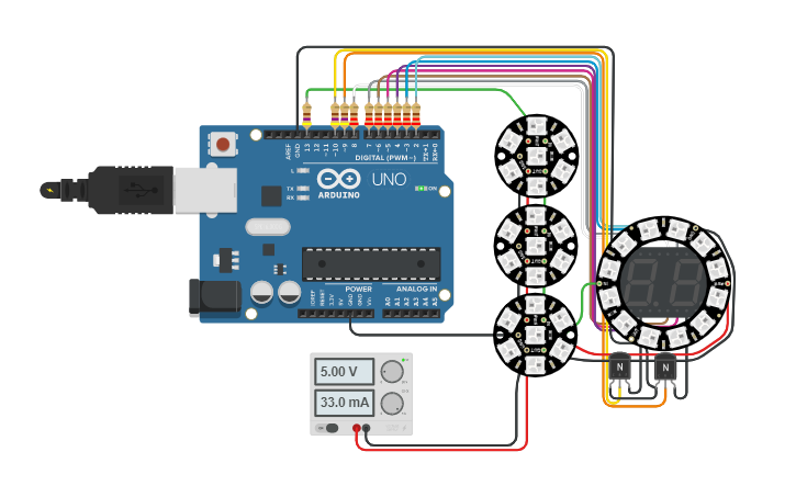 Circuit design Copy of Semáforo con cuenta regresiva. | Tinkercad Circuit design Copy of Semáforo con cuenta regresiva. | Tinkercad