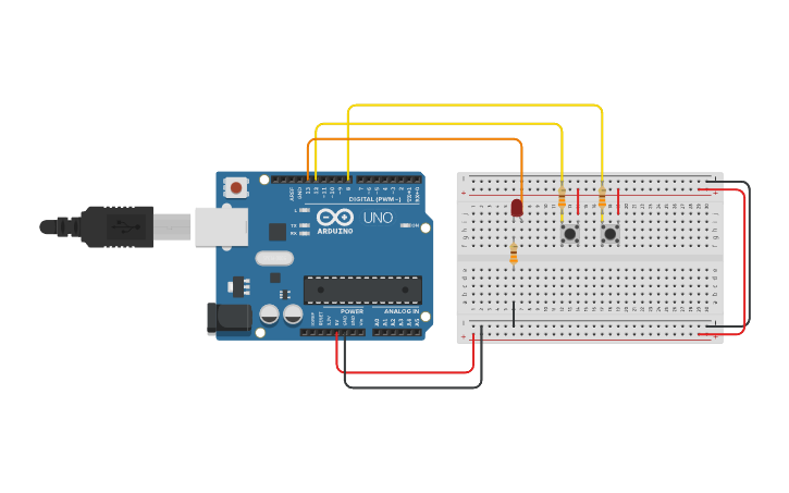 Circuit design ENCENDER Y APAGAR LED CON DOS PULSADORES - Tinkercad Circuit design ENCENDER Y APAGAR LED CON DOS PULSADORES - Tinkercad