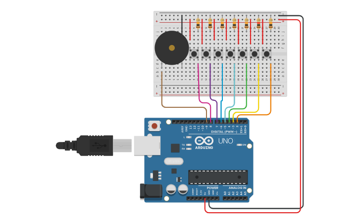 Circuit design Piano Buzzer | Tinkercad