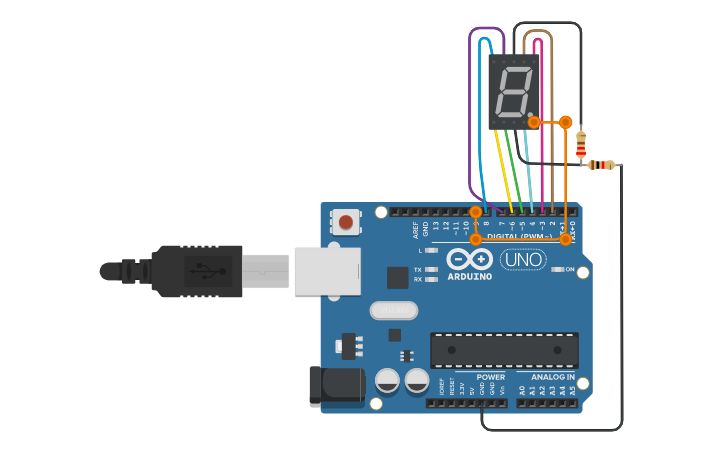Circuit design Cathode 7 Segment Display + array + Forloop - Tinkercad Circuit design Cathode 7 Segment Display + array + Forloop - Tinkercad
