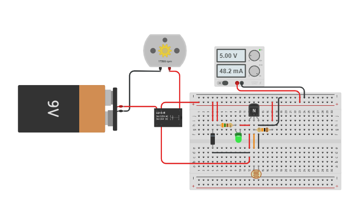 Circuit design Photoresistor/Transistor Control Relay - Tinkercad