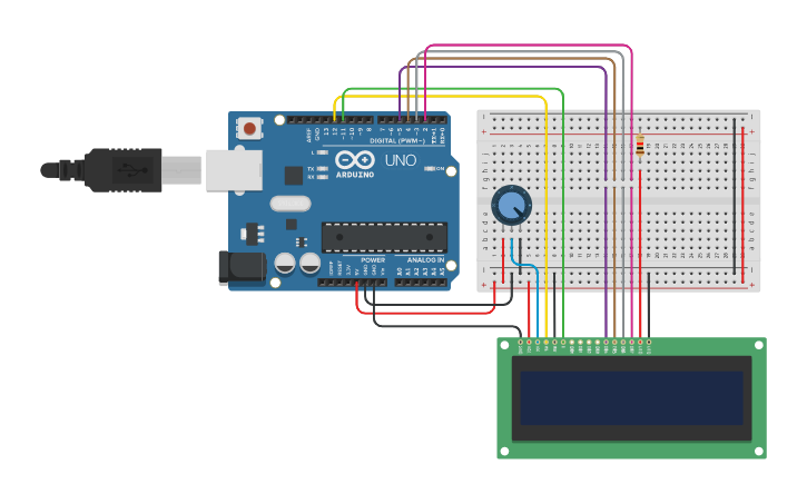 Circuit design Automatic scrolling text on 16x2 LCD - Tinkercad Circuit design Automatic scrolling text on 16x2 LCD - Tinkercad