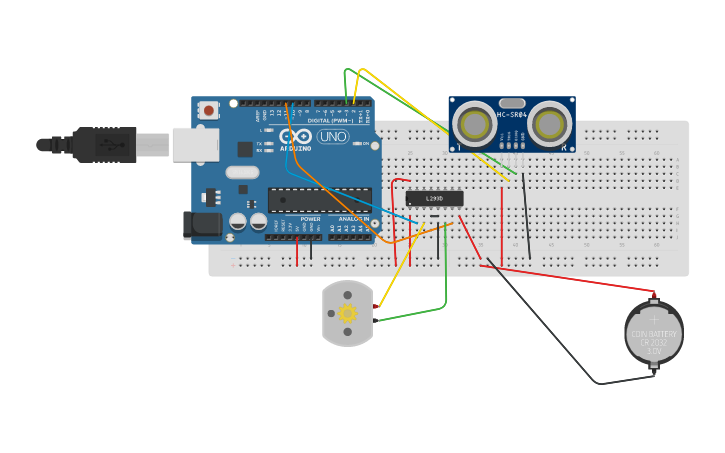 Circuit design Marcha y parada de un vehículo por ultrasonidos - Tinkercad