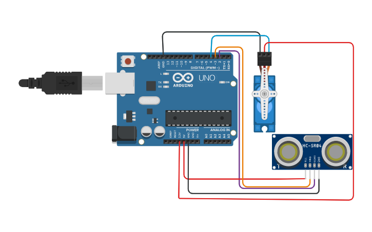 Circuit design Servo Controlled with Ultrasonic - Tinkercad