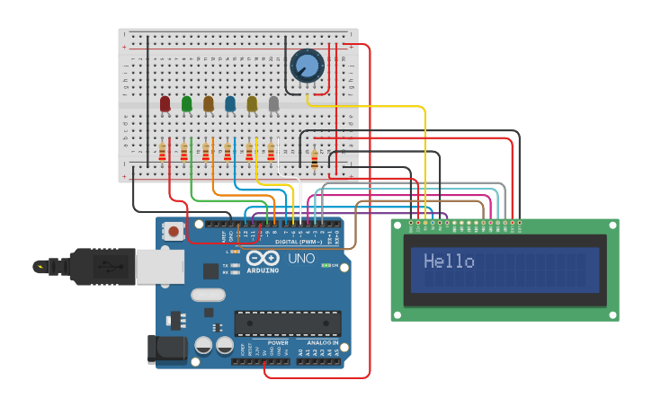 Circuit design Leds and LCD - Tinkercad