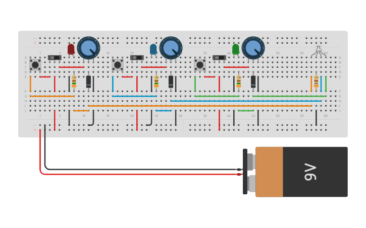 Circuit design Accensione 3 Led con Modulazione RGB Cristian Furini 3Aau | Tinkercad