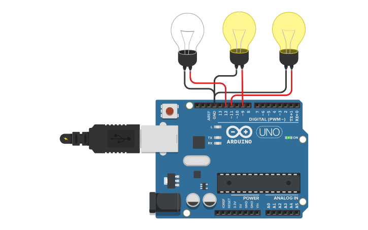 Circuit design ARDUINO TRÊS LÂMPADAS PISCANDO- Julia Santos | Tinkercad
