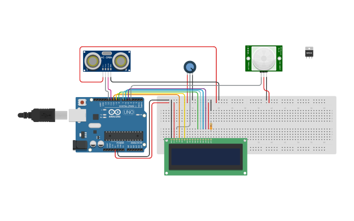 Circuit design Audrino with LCD, PIR, and HCSR04 (Ultrasonic Distance ...