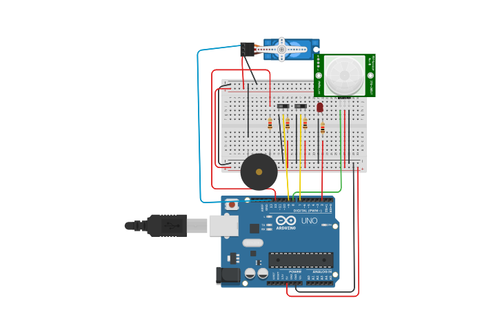 Circuit design Sensor PIR y Servomotor - Tinkercad Circuit design Sensor PIR y Servomotor - Tinkercad