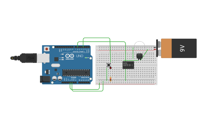 Circuit design Controlling relay with pushbutton - Tinkercad
