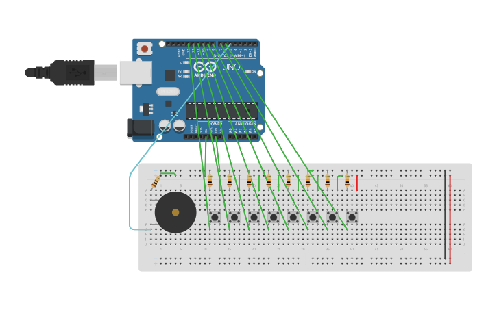 Circuit design Piezo C D E F G... using arduino uno - Tinkercad