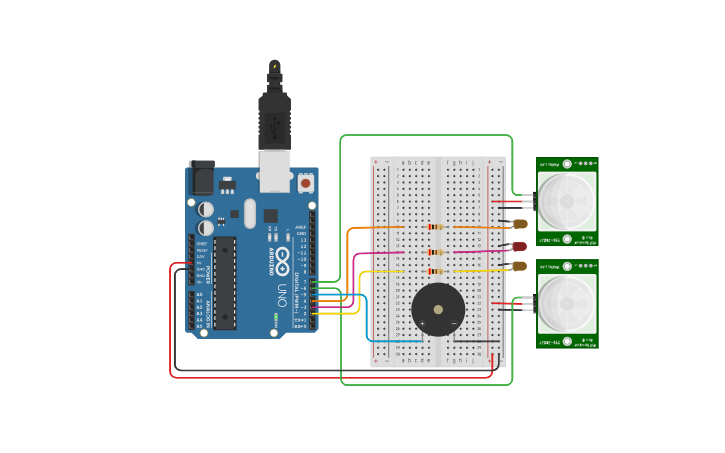 Circuit design _U19 Home Burglar Alarm - 2 PIRs 1 RGB LED | Tinkercad