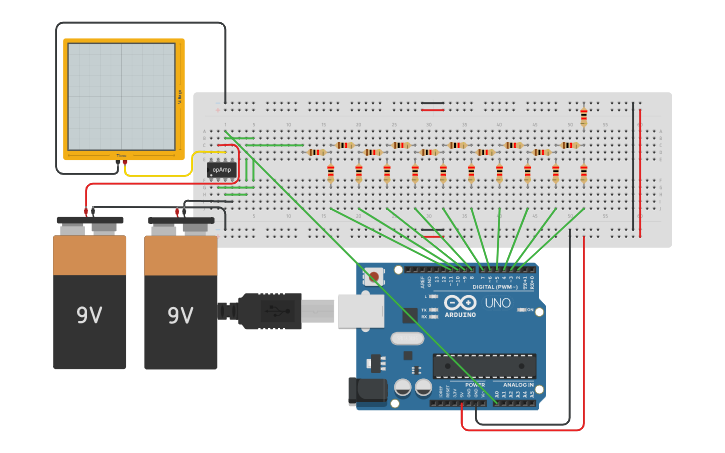 Circuit design Copy of Conversor D/A R-2R de 6 bits - ECG - Tinkercad