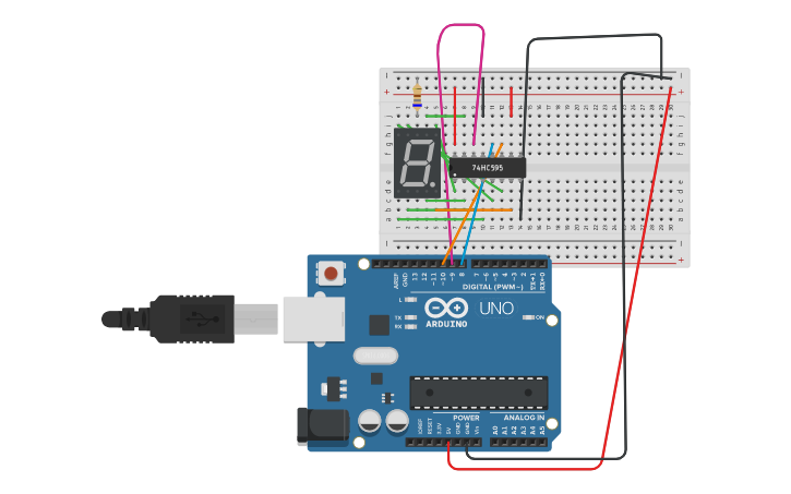 Circuit design vistalinda PRUEBA DISPLAY 7 SEGMENTOS | Tinkercad