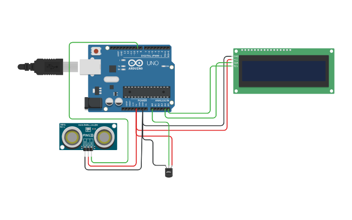 Circuit design temp and distance with LCD I2C - Tinkercad