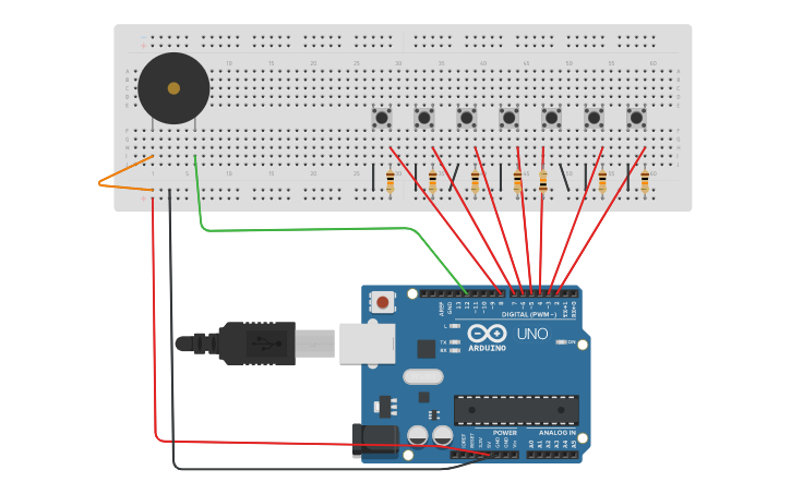 Circuit design 7. piano_buzzer | Tinkercad