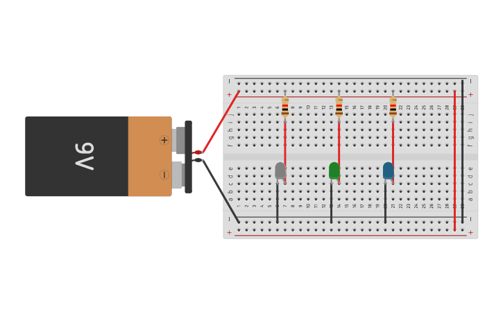 Circuit design Encender 3 leds de diferente color - Tinkercad