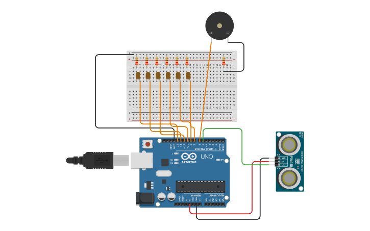 Circuit design Leds y sonido y sensor - Tinkercad