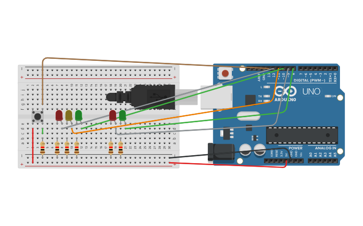 Circuit design semaforo con pulsador - Tinkercad
