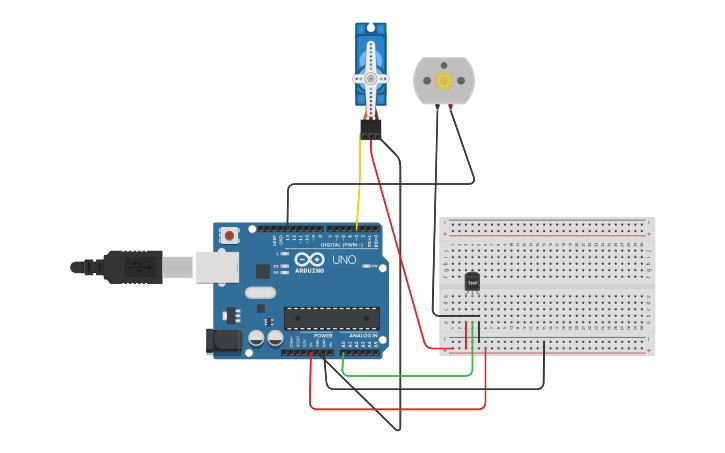 Circuit design Sensor Suhu dengan Motor Servo - Tinkercad