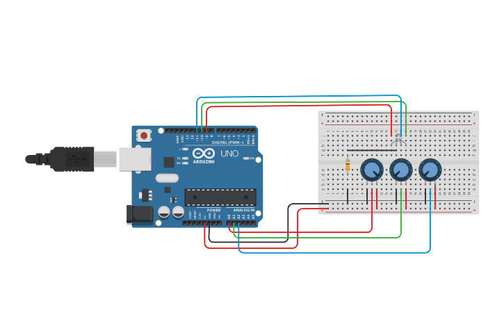 Circuit design Potansiyometre ile Ortak Katot RGB Led yakma - Tinkercad