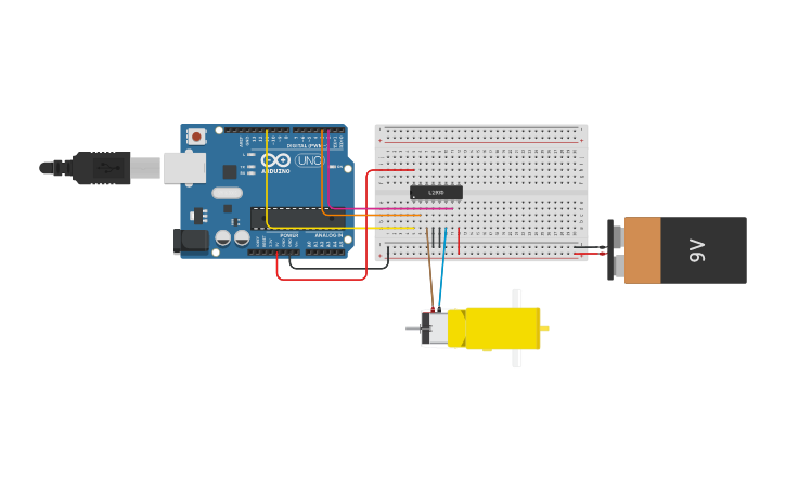 Circuit design Desafio - Prática 4 - Motor/L293D | Tinkercad