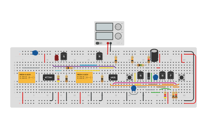 Circuit design Attiny Electric Candle on off 2 relais. OK. | Tinkercad