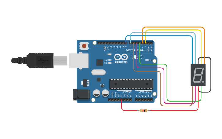 Circuit design common anode 7 segment display - Tinkercad