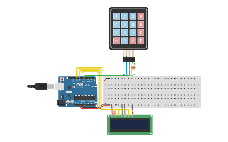 Circuit design password with LCD 16*2 and keypad 4*4 - Tinkercad