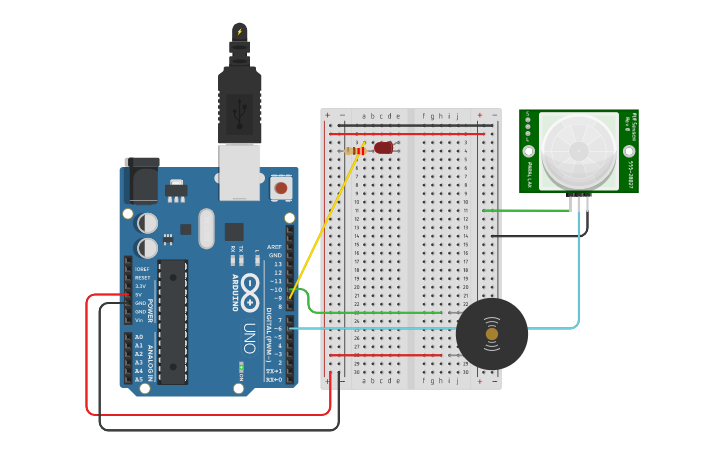 Circuit design Piezo med sensor de movimiento | Tinkercad