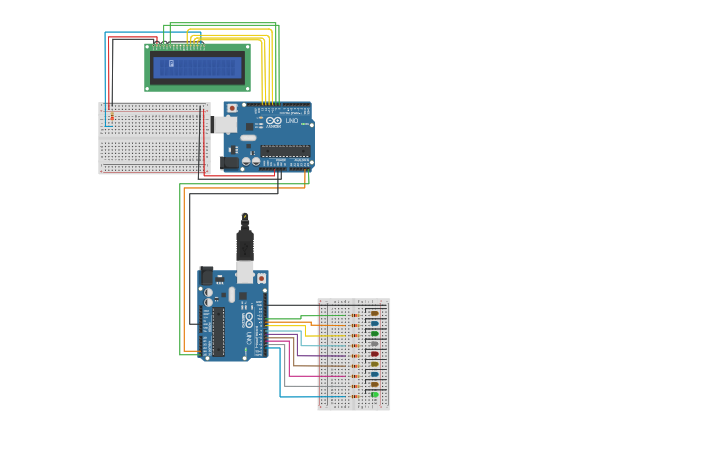 Circuit design Pantalla LCD y Luminarias | Tinkercad