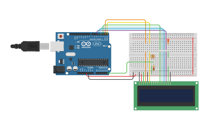 Circuit design Rangkaian LDR + LCD Arduino - Tinkercad