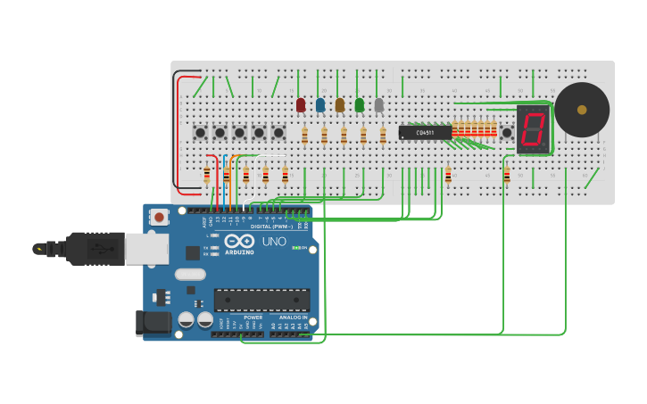 Circuit design Alarma con sensores(botones), display y Arduino - Tinkercad