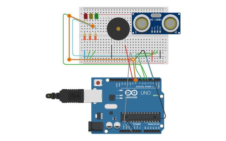 Circuit design Copy of Sensor de distancia ultrasonico con luces Led | Tinkercad