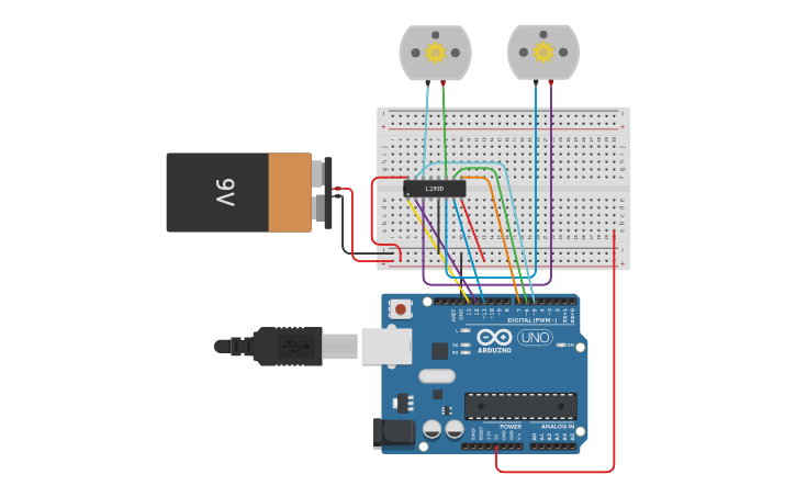 Circuit design Ponte H com dois Motores DC - Tinkercad