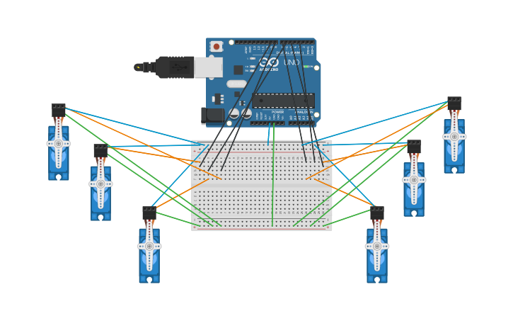 Circuit design six servo motors - Tinkercad