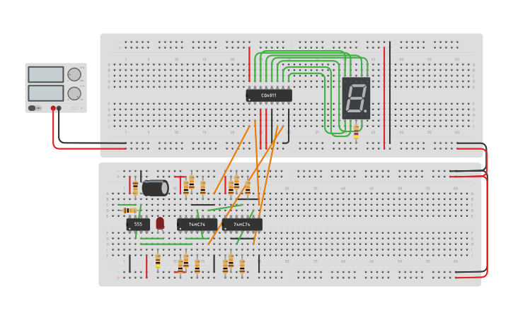 Circuit design 7474 as ripple counter - Tinkercad