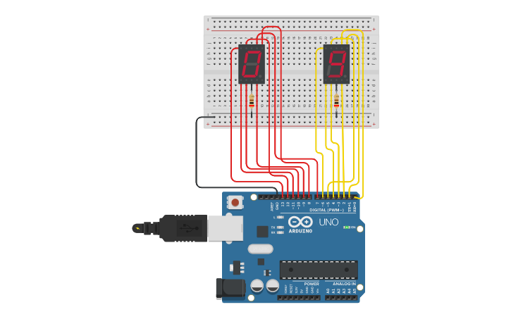Circuit design Dois LED 7 segmentos | Tinkercad