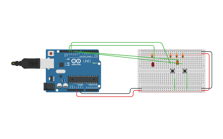 Circuit design Two buttons with two LEDs Demo | Tinkercad